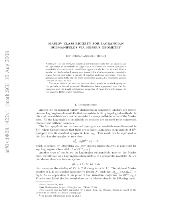 (PDF) Maslov class rigidity for Lagrangian submanifolds via Hofer's geometry
