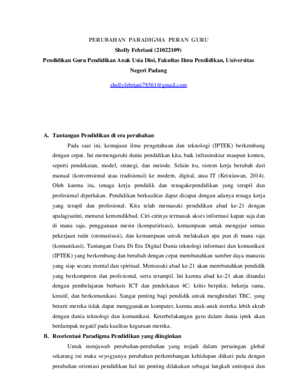 (PDF) PERUBAHAN PARADIGMA PERAN GURU Shelly Febriani (21022109 ...