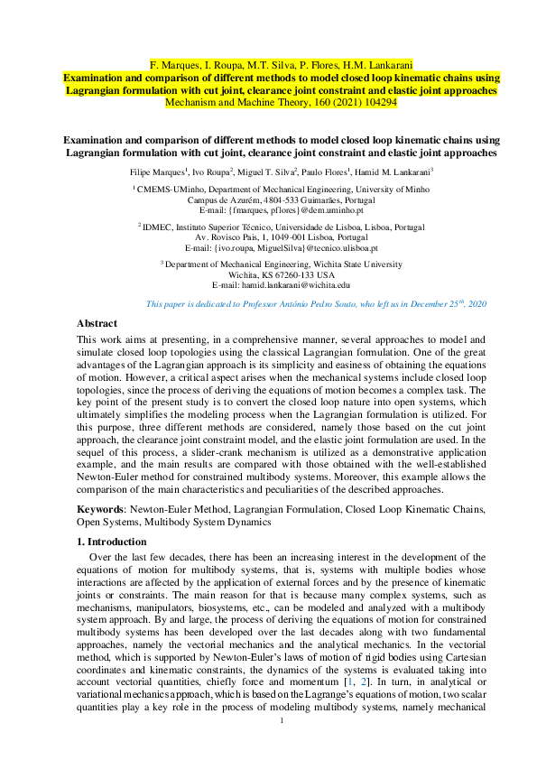 (PDF) Examination and comparison of different methods to model closed loop kinematic chains ...