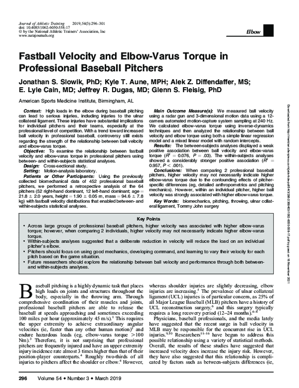 (PDF) Fastball Velocity and Elbow-Varus Torque in Professional Baseball Pitchers | Glenn S ...