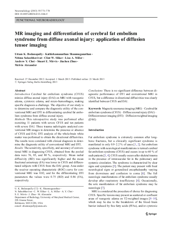 (PDF) MR imaging and differentiation of cerebral fat embolism syndrome ...