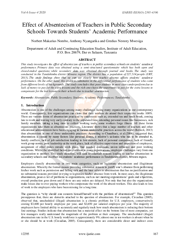 (PDF) Effect of Absenteeism of Teachers in Public Secondary Schools ...