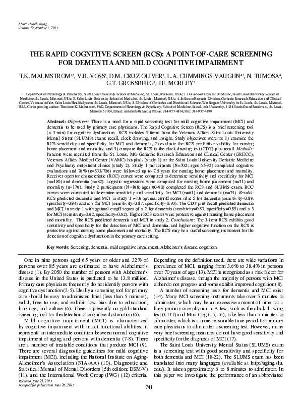 (PDF) The Rapid Cognitive Screen (RCS): A point-of-care screening for ...