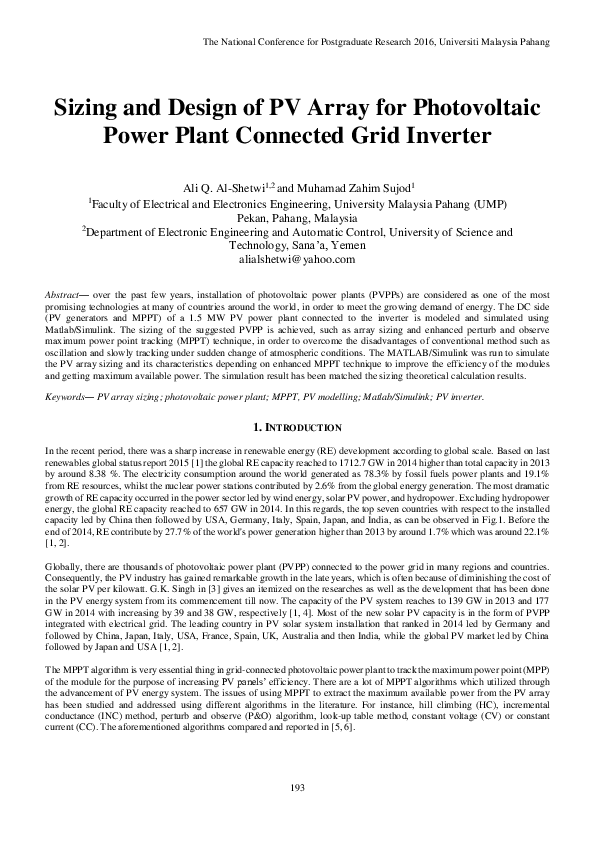 (PDF) Sizing and Design of PV Array for Photovoltaic Power Plant Connected Grid Inverter