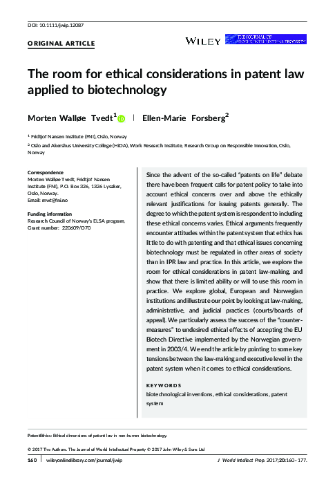 (PDF) The room for ethical considerations in patent law applied to ...