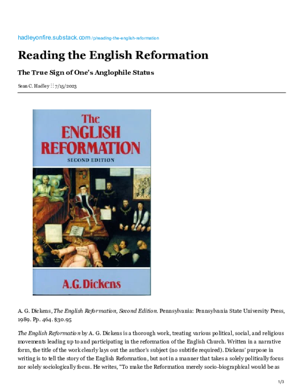 (PDF) The English Reformation (2nd ed), A. G. Dickens