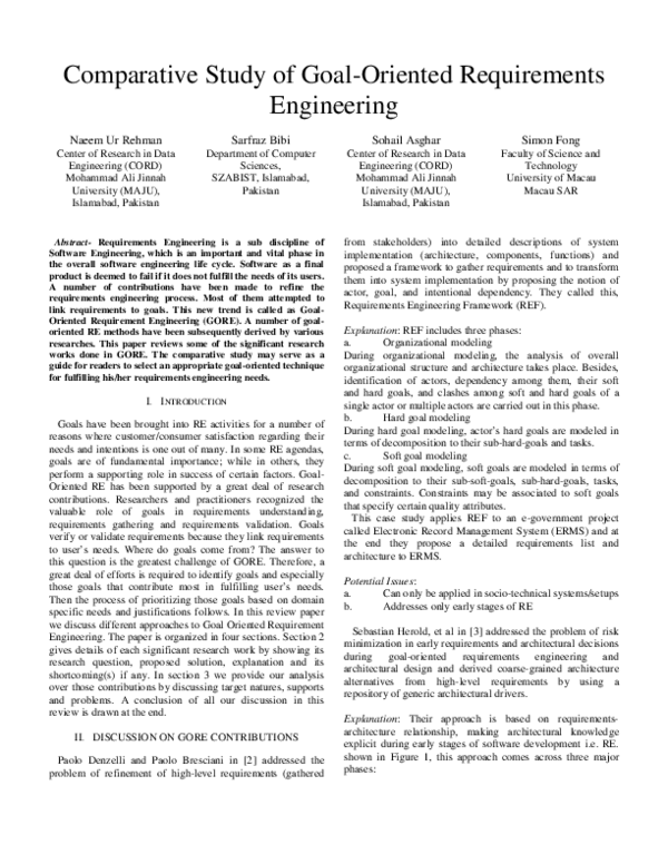 (PDF) Comparative study of Goal-Oriented Requirements Engineering (PDF) Comparative study of Goal-Oriented Requirements Engineering