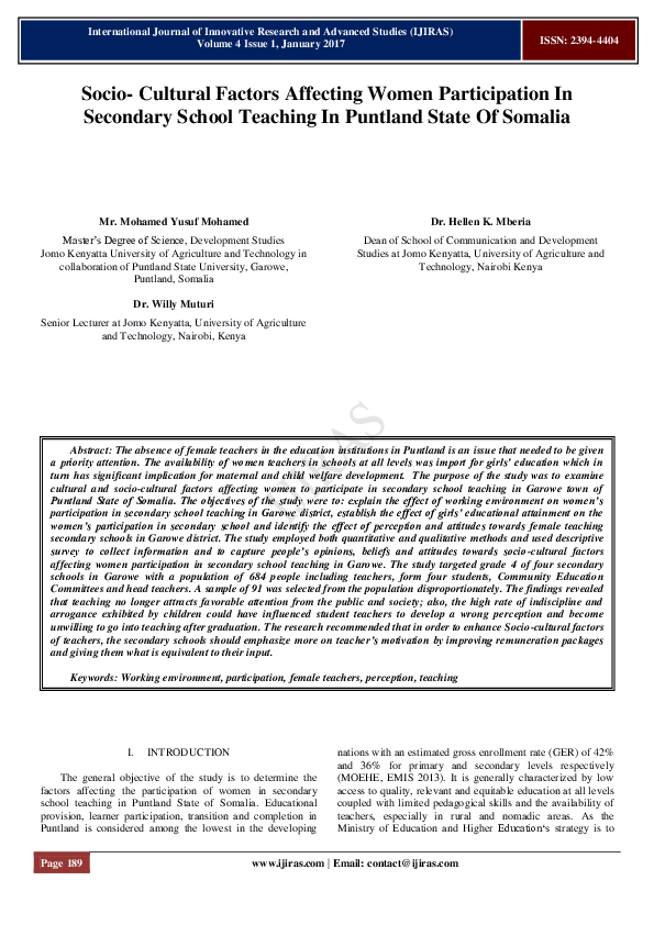 (PDF) Socio-Cultural Factors Affecting Women Participation In Secondary School Teaching In ...