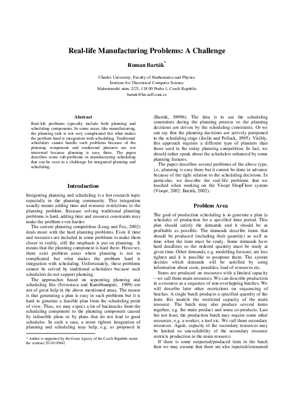 (PDF) Real-life manufacturing problems: A challenge