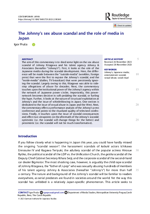 (PDF) The Johnny's sex abuse scandal and the role of media in Japan