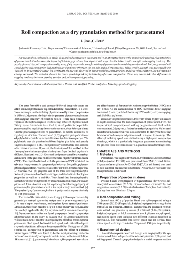 Pdf Roll Compaction As A Dry Granulation Method For Paracetamol