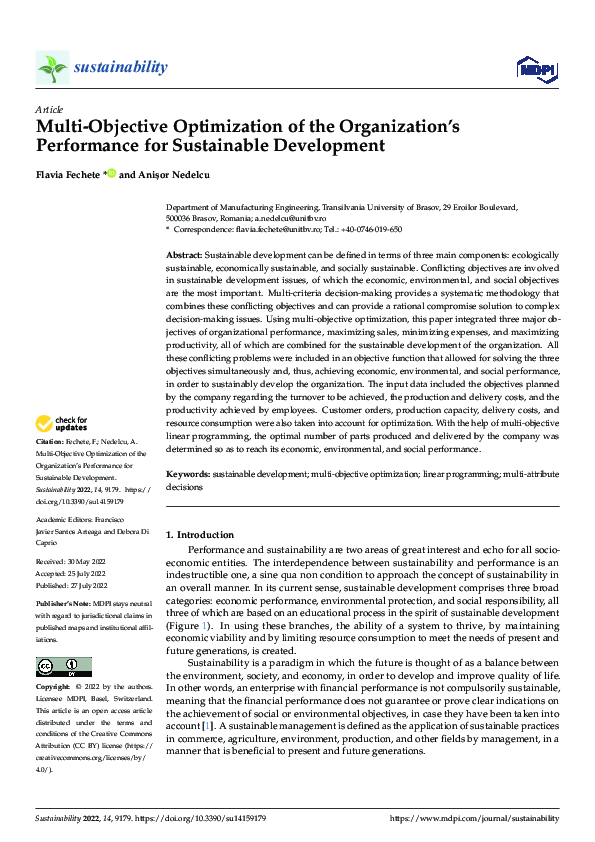 (PDF) Multi-Objective Optimization of the Organization’s Performance for Sustainable Development