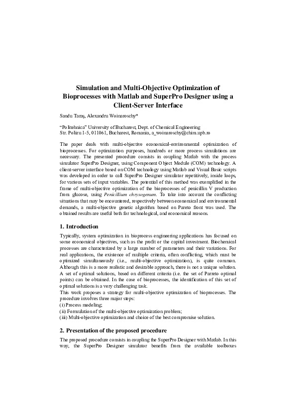 (PDF) Simulation and Multi-objective Optimization of Bioprocesses with Matlab and Superpro ...