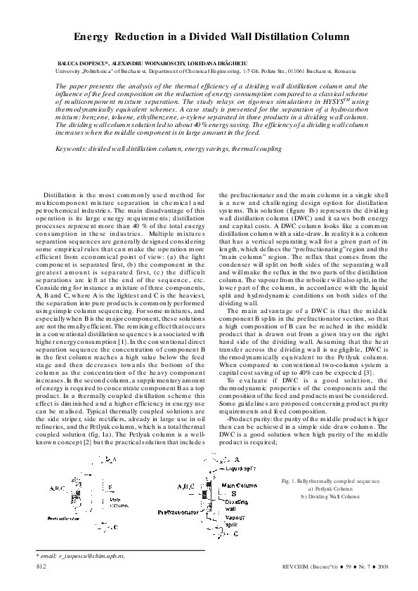 (PDF) Energy Reduction in a Divided Wall Distillation Column