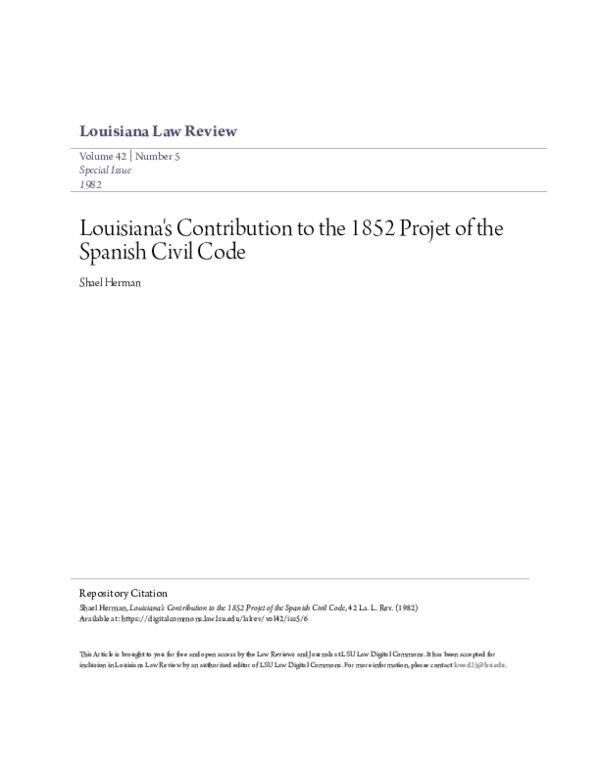 (PDF) Louisiana's Contribution to the 1852 Projet of the Spanish Civil ...
