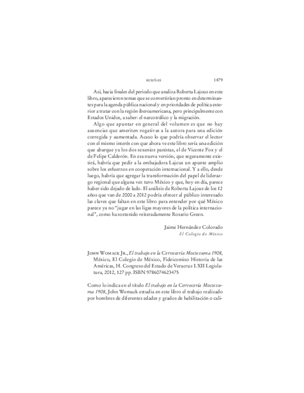 (PDF) Sobre John Womack Jr., El trabajo en la Cervecería Moctezuma 1908