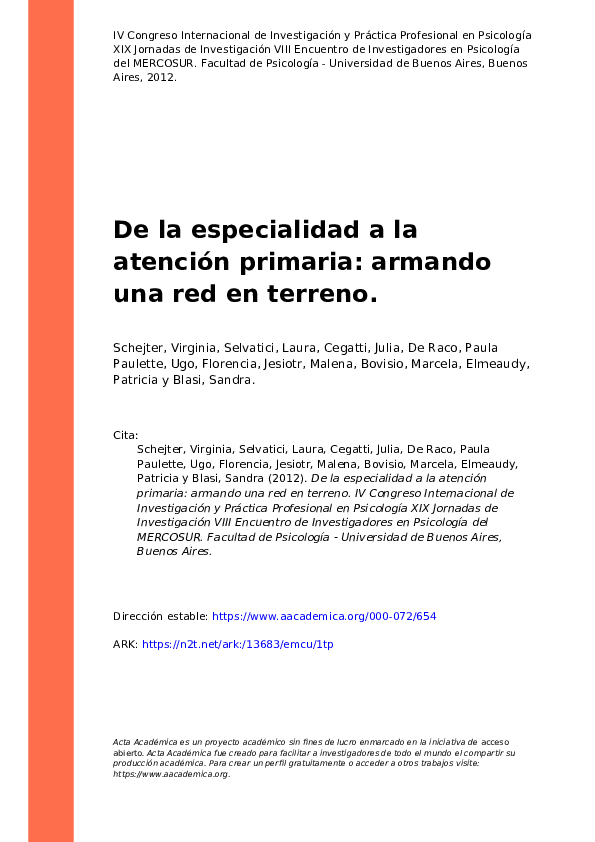 (PDF) De La Especialidad a La Atención Primaria: Armando Una Red en Terreno