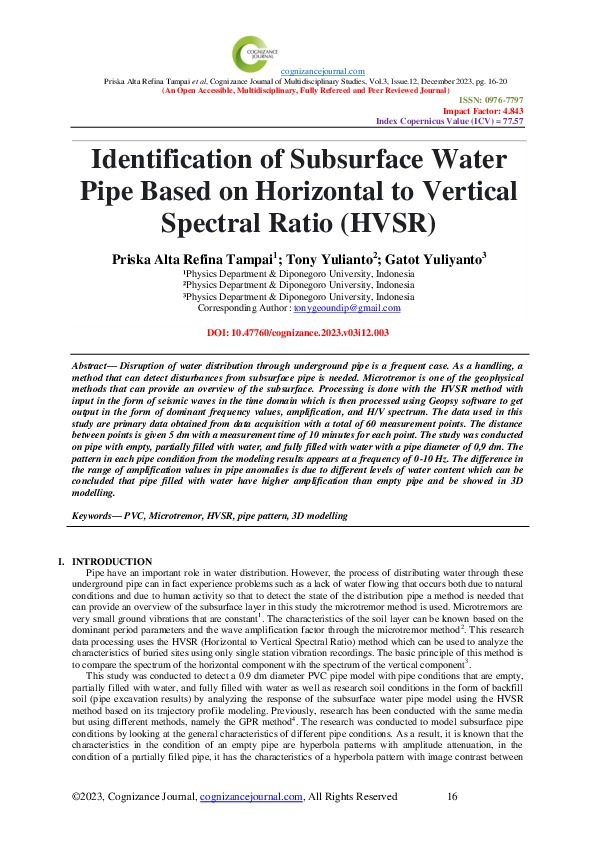 (PDF) Identification of Subsurface Water Pipe Based on Horizontal to Vertical Spectral Ratio ...