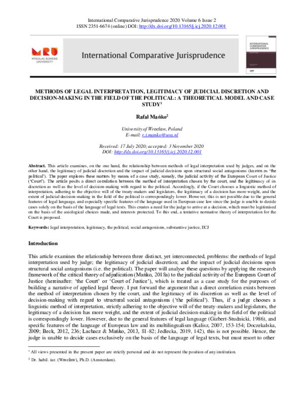 (PDF) Methods of legal interpretation, legitimacy of judicial ...