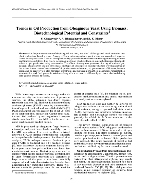 Pdf Trends In Oil Production From Oleaginous Yeast Using Biomass Biotechnological Potential