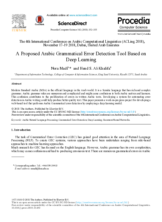 Pdf A Proposed Arabic Grammatical Error Detection Tool Based On Deep Learning
