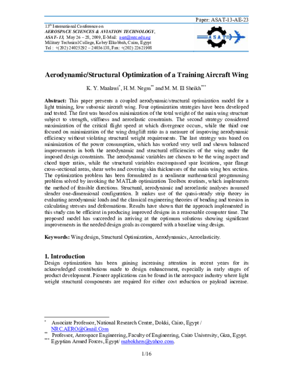 Pdf Aerodynamic Structural Optimization Of A Training Aircraft Wing