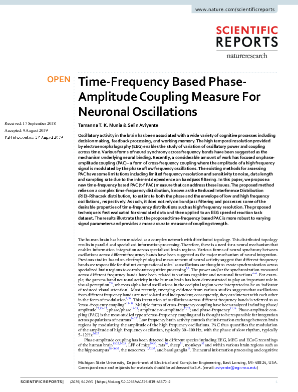 (PDF) Time-Frequency Based Phase-Amplitude Coupling Measure For Neuronal Oscillations