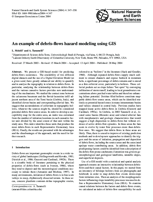 (PDF) An example of debris-flows hazard modeling using GIS