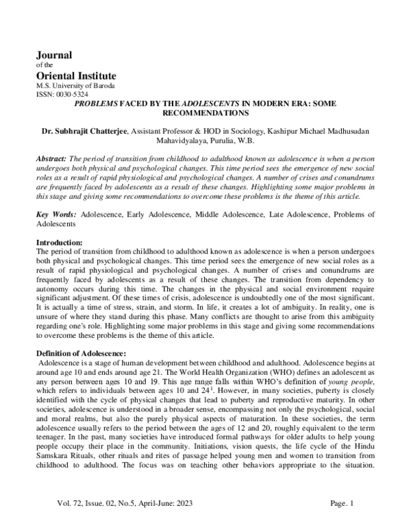 (PDF) PROBLEMS FACED BY THE ADOLESCENTS IN MODERN ERA: SOME RECOMMENDATIONS