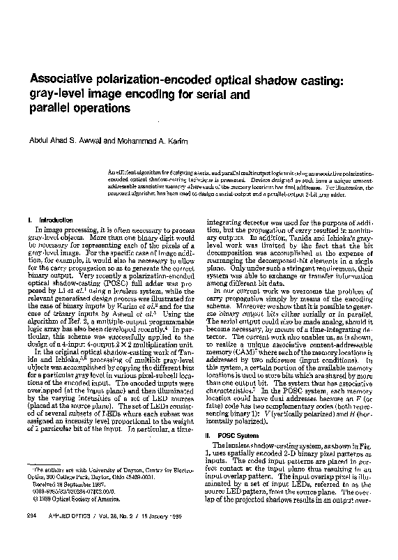 Pdf Associative Polarization Encoded Optical Shadow Casting Applications In Image Processing