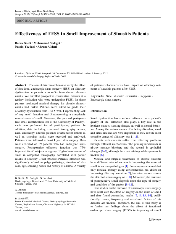 (PDF) Effectiveness of FESS in Smell Improvement of Sinusitis Patients