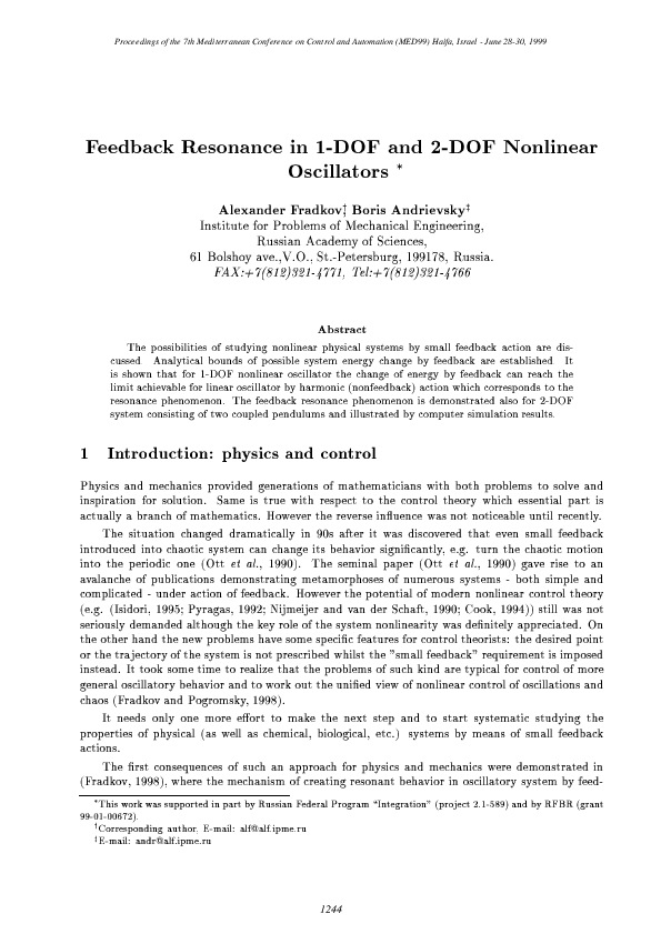 (PDF) Feedback resonance in 1-DOF and 2-DOF nonlinear oscillators
