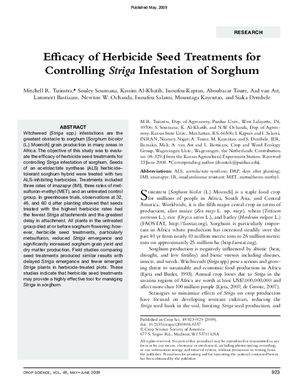 (PDF) Efficacy of Herbicide Seed Treatments for Controlling Striga ...