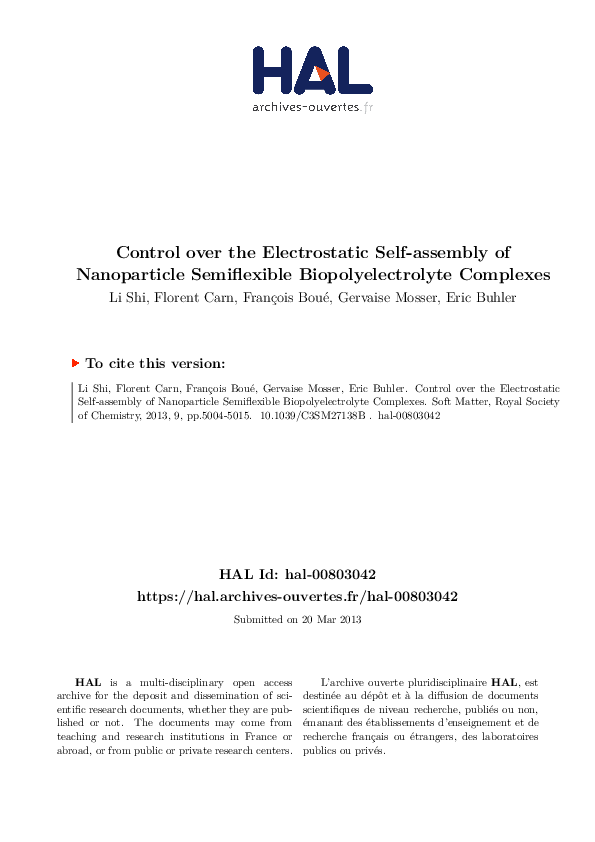 (PDF) Control over the electrostatic self-assembly of nanoparticle semiflexible ...