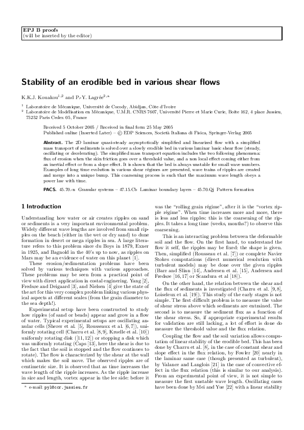 (PDF) Stability of an erodible bed in various shear flows