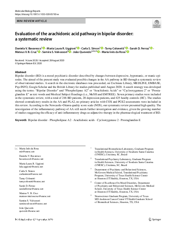 (PDF) Evaluation of the arachidonic acid pathway in bipolar disorder: a ...