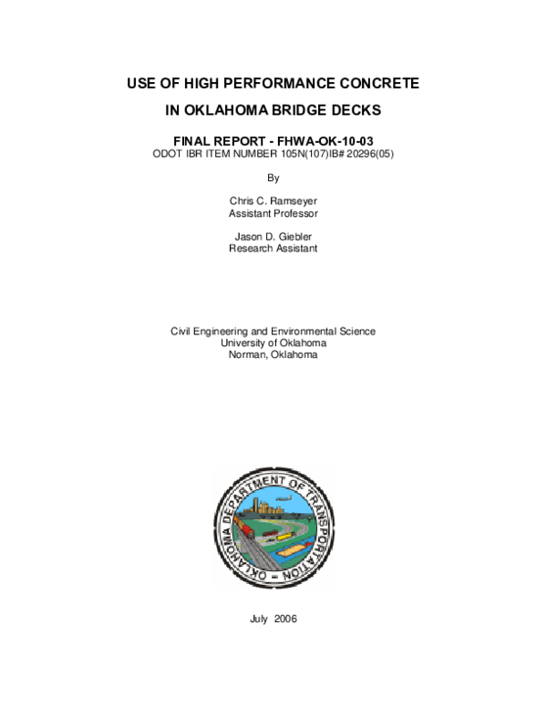 (PDF) Use of High Performance Concrete in Oklahoma Bridge Decks | Chris ...