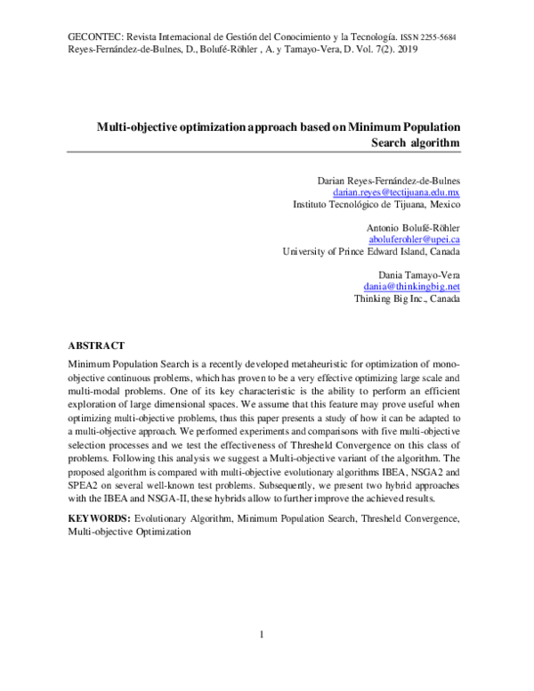 (PDF) Multi-objective optimization approach based on Minimum Population Search algorithm