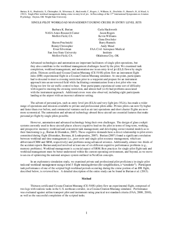 (PDF) Single Pilot Workload Management During Cruise in Entry Level Jets
