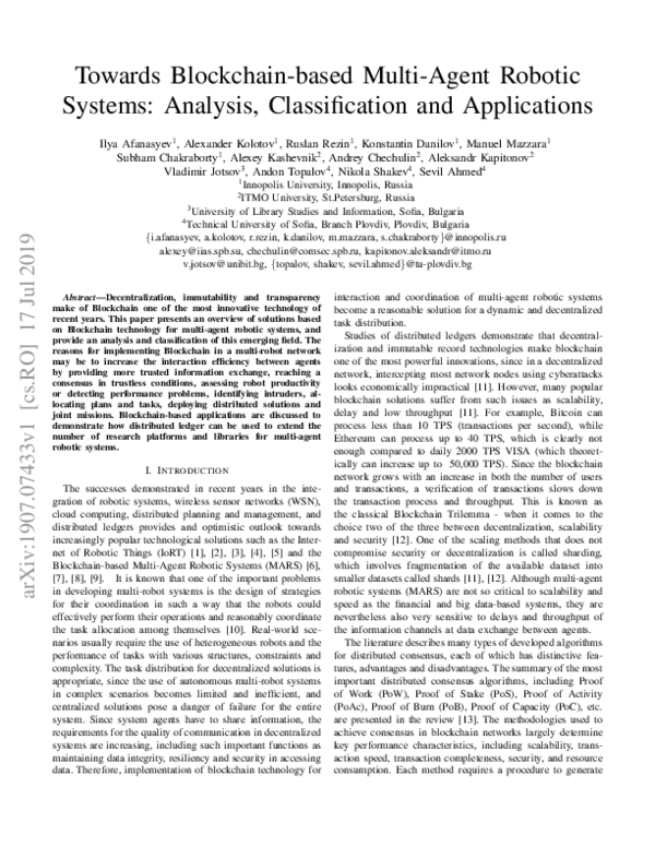(PDF) Towards Blockchain-based Multi-Agent Robotic Systems : Analysis, Classification and ...