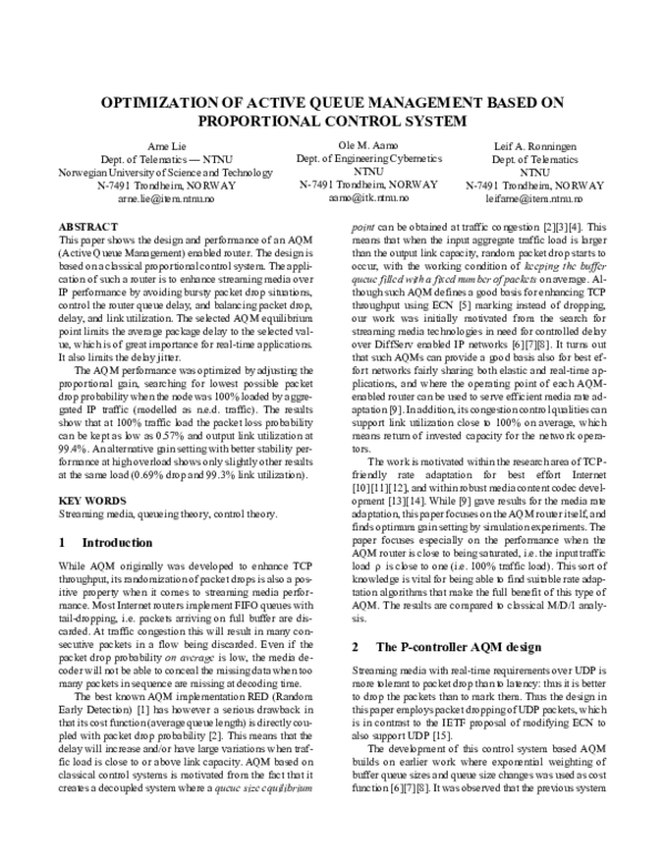 Pdf Optimization Of Active Queue Management Based On Proportional