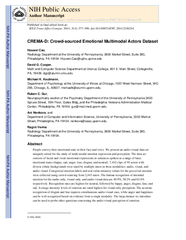 (PDF) CREMA-D: Crowd-sourced Emotional Multimodal Actors Dataset