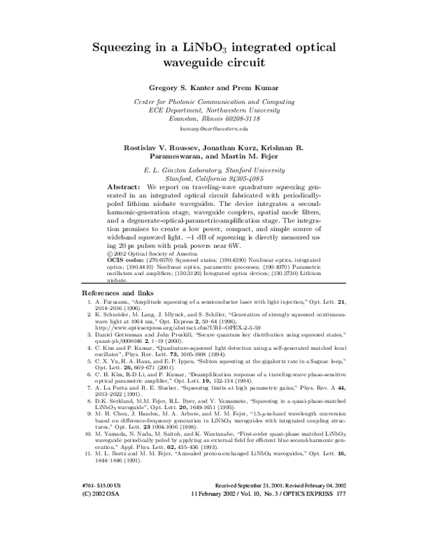 (PDF) Squeezing in a LiNbO3 integrated optical waveguide circuit