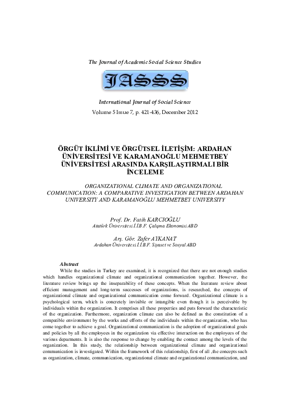 (PDF) Orgut İkli̇m İ Ve Örgütsel İleti̇şi̇m: Ardahan Üni̇versi̇tesi̇ Ve ...