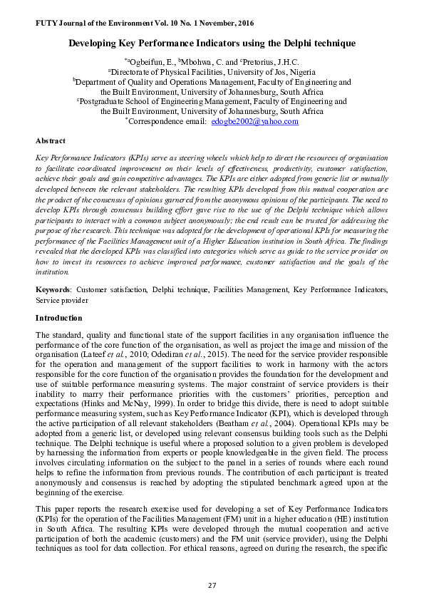 (PDF) Developing Key Performance Indicators using the Delphi technique