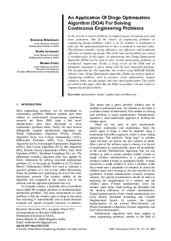 Pdf An Application Of Dingo Optimization Algorithm Doa For Solving