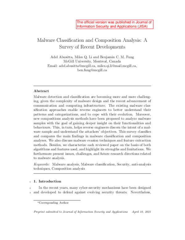 (PDF) Malware classification and composition analysis: A survey of recent developments