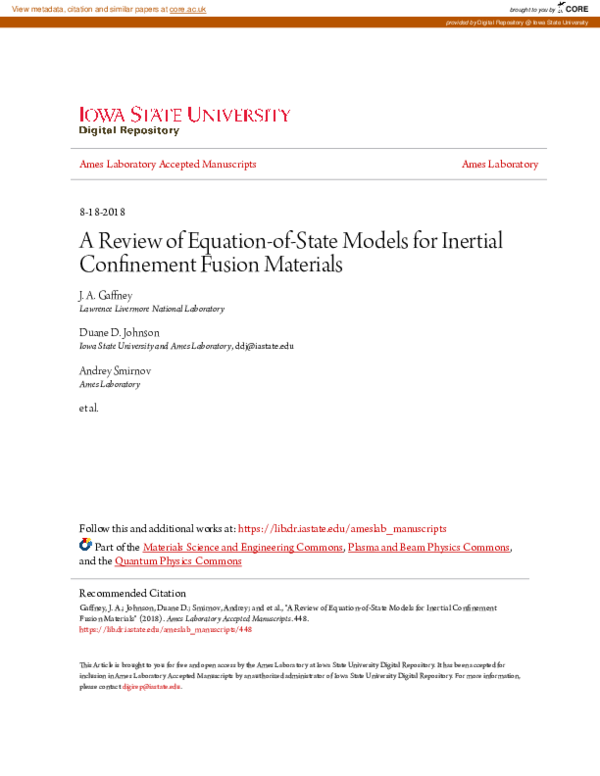 (PDF) A Review of Equation-of-State Models for Inertial Confinement ...