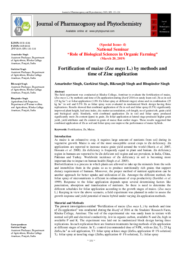 (PDF) Fortification of maize (Zea mays L.) by methods and time of Zinc ...