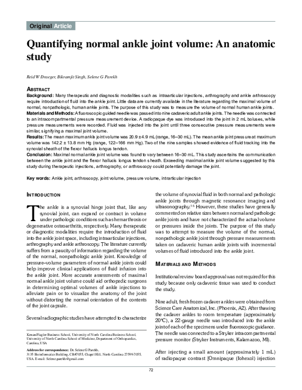 (PDF) Quantifying normal ankle joint volume: An anatomic study